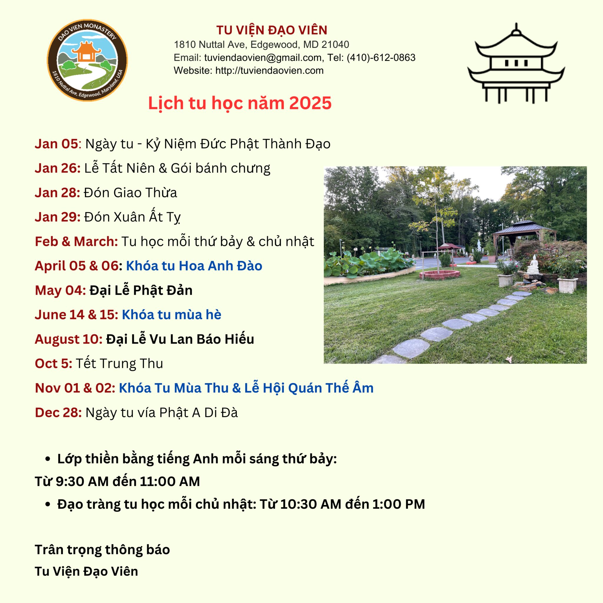 Lịch tu học năm 2025 - Tu Viện Đạo Viên